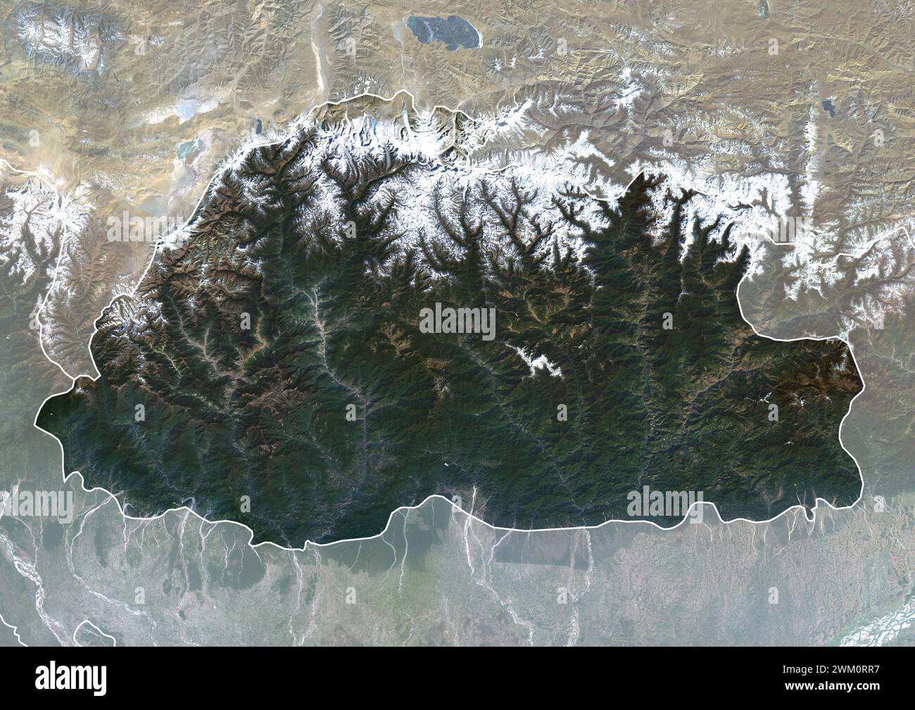 Color satellite image of Bhutan in the Eastern Himalayas, with borders ...