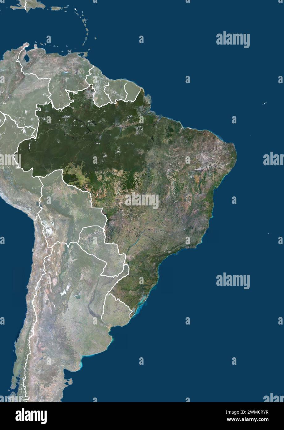 Color satellite image of Brazil, with borders and mask Stock Photo - Alamy