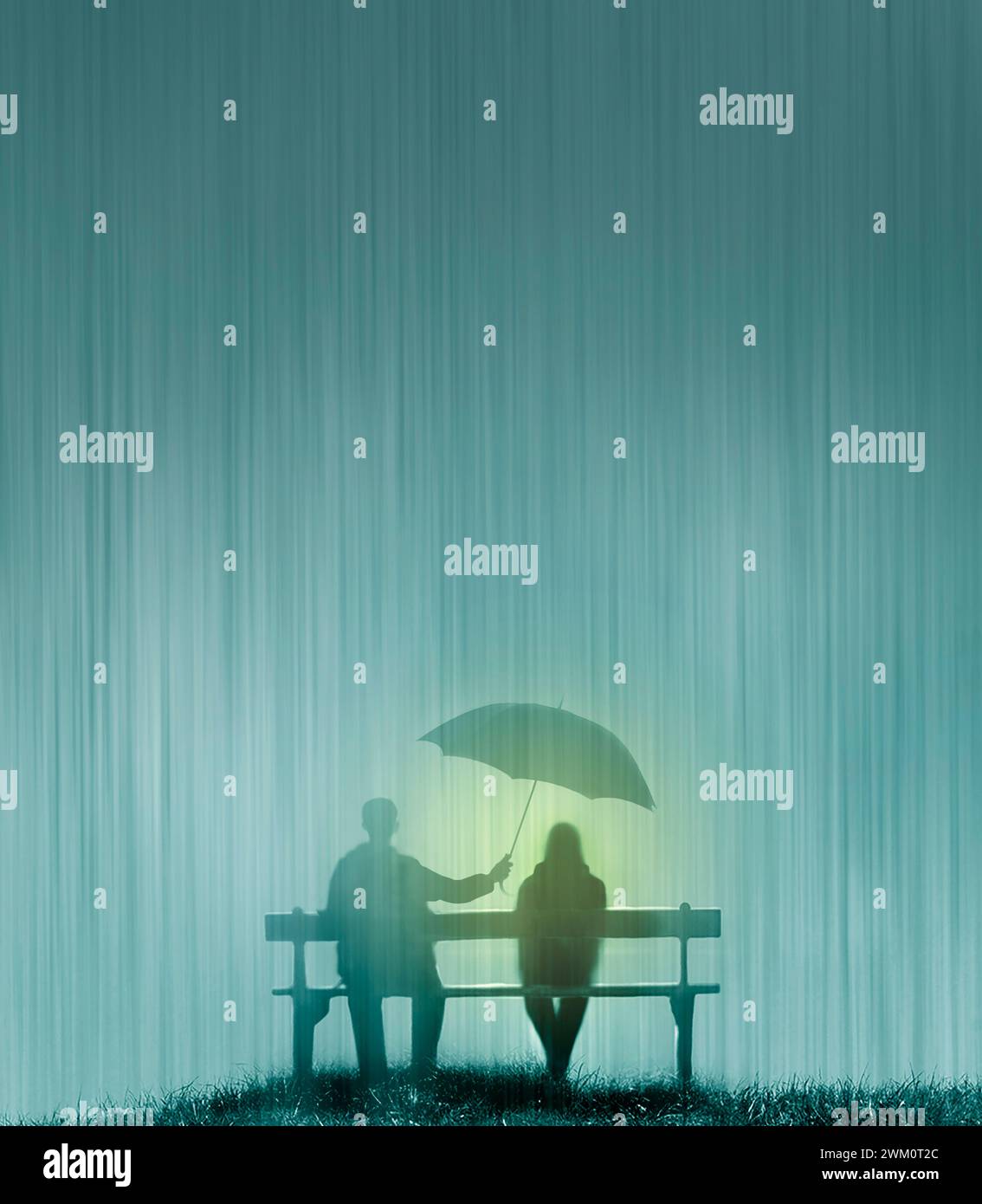 Couple sitting on bench during heavy rain Stock Photo - Alamy