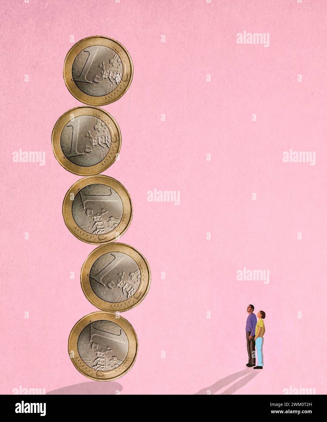 Two people looking at unstable column of oversized one Euro coins Stock ...