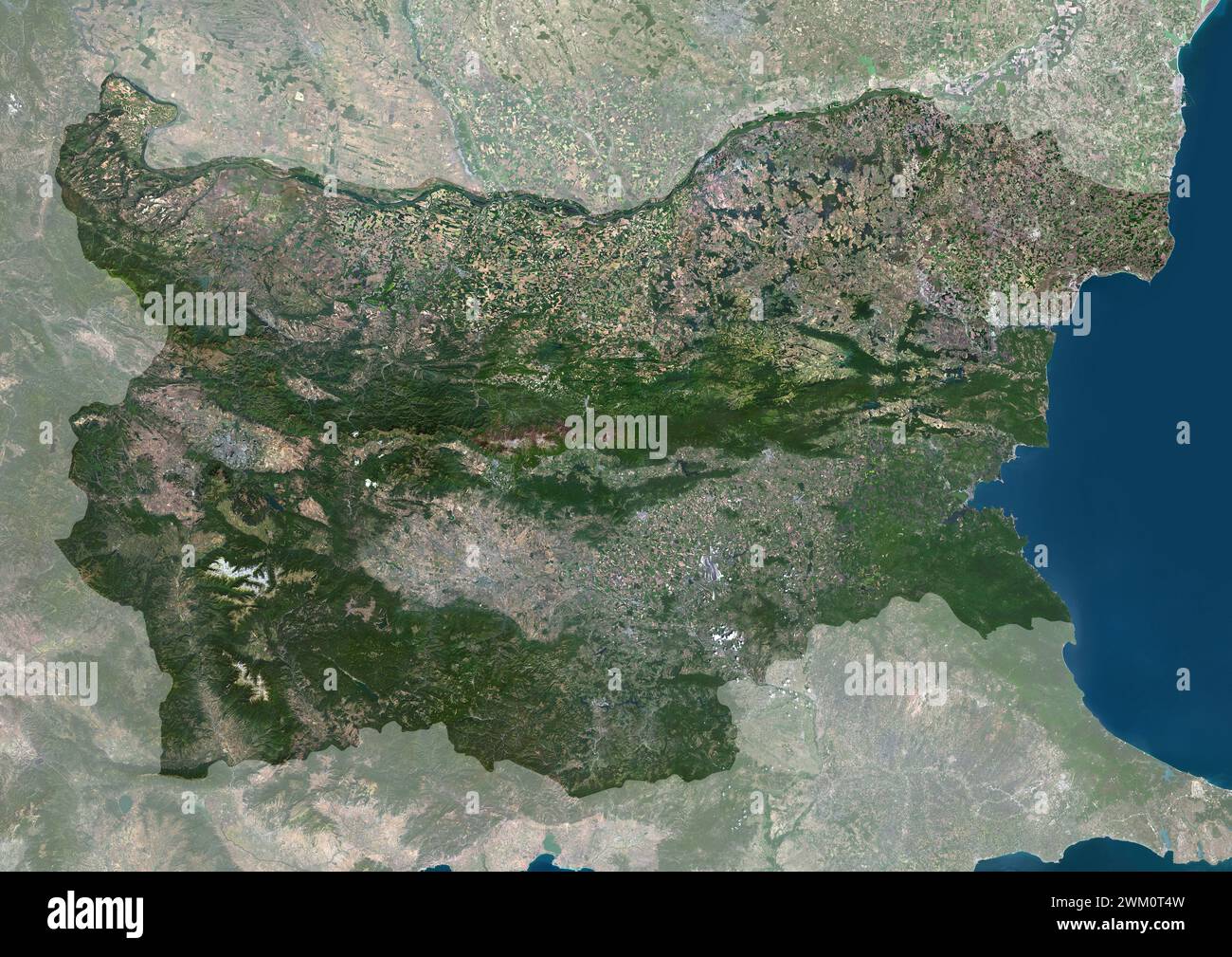 Color satellite image of Bulgaria and neighbouring countries. The ...