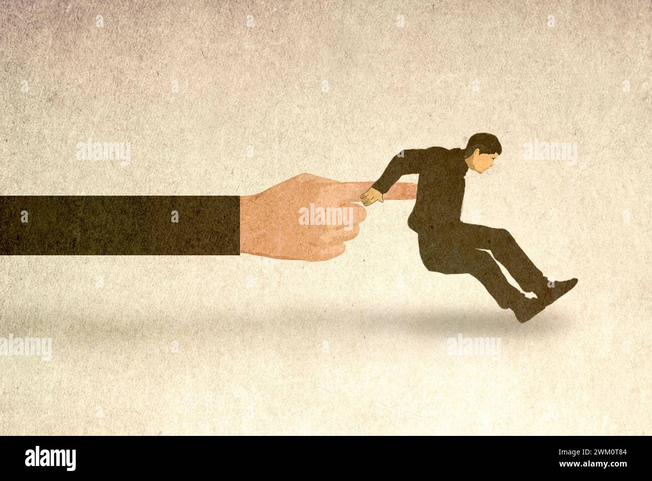 Illustration of oversized finger pushing struggling man Stock Photo - Alamy