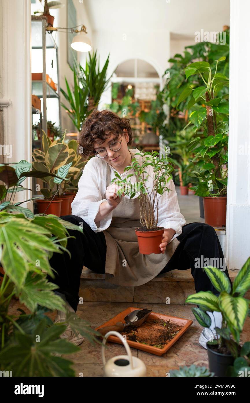 Botanist examining plant sitting at plant shop Stock Photo - Alamy
