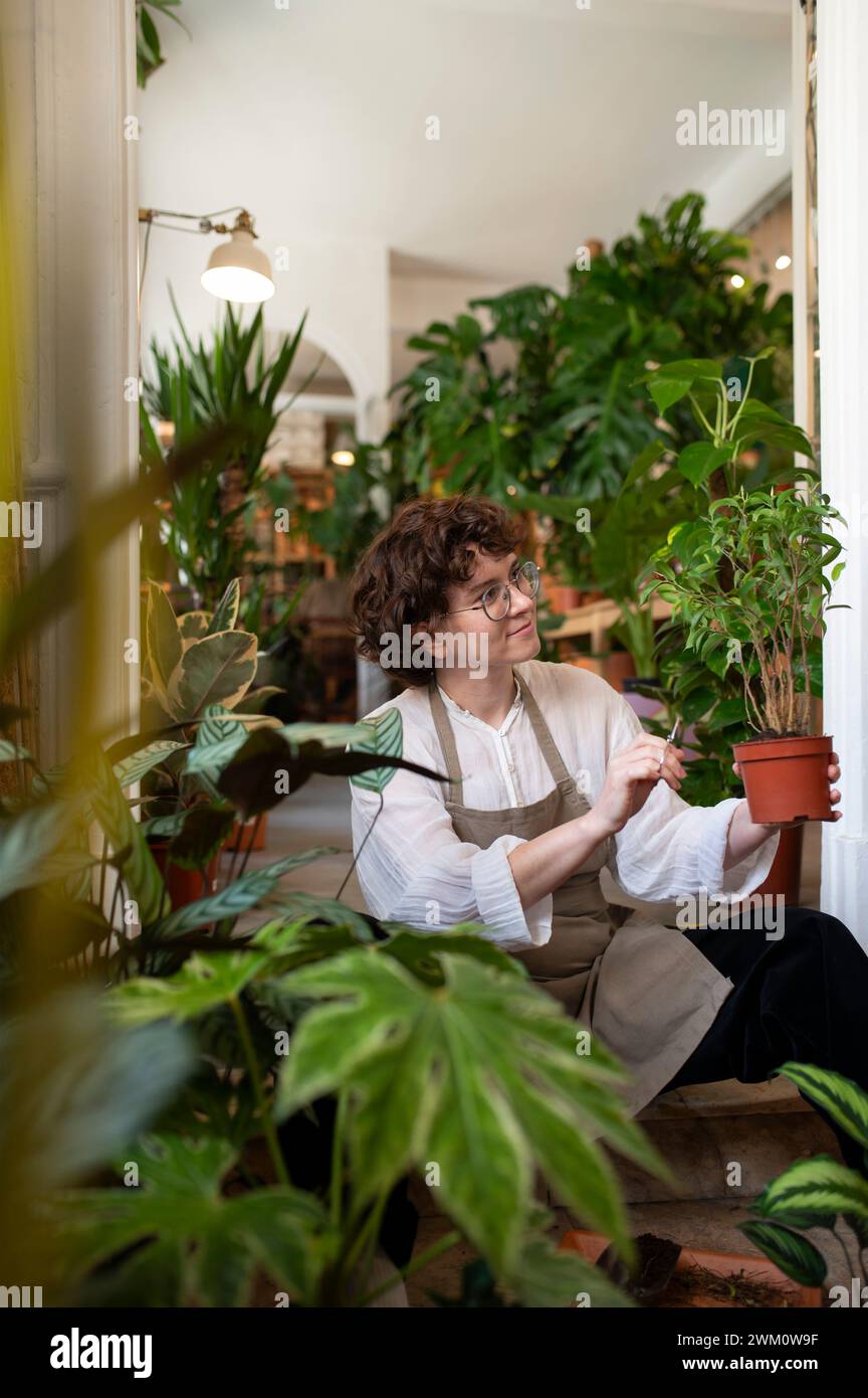 Botanist planting and examining plant sitting at nursery Stock Photo ...