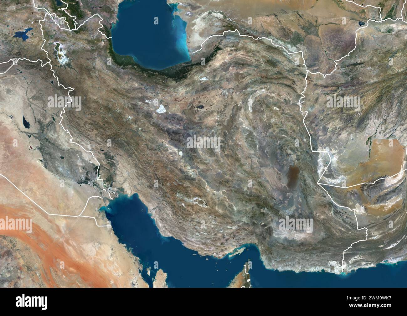 Color satellite image of Iran and neighbouring countries, with borders ...