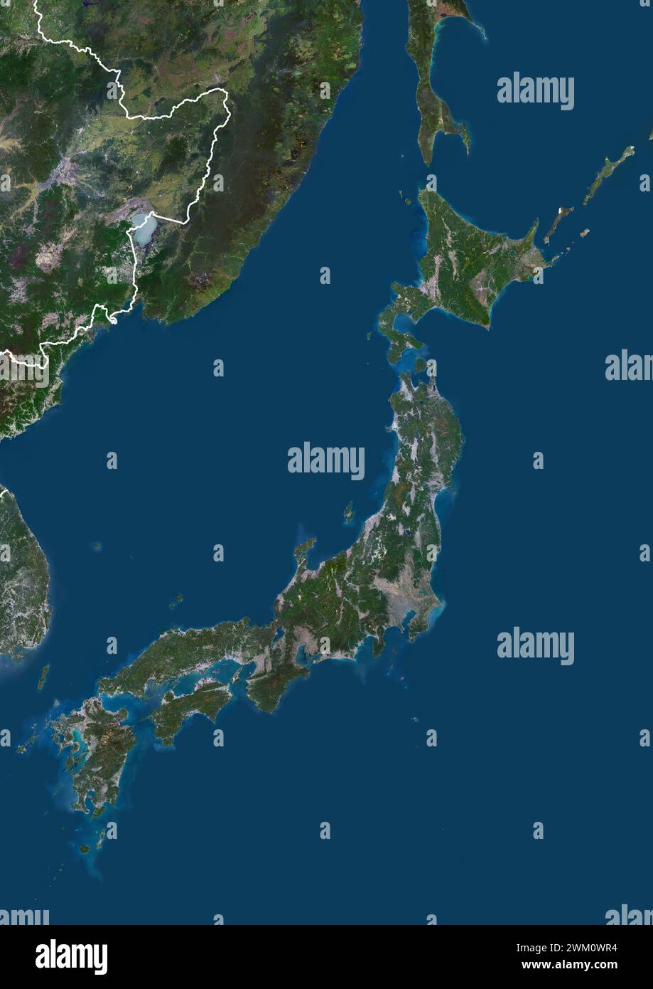 Color satellite image of Japan and neighbouring countries, with borders ...