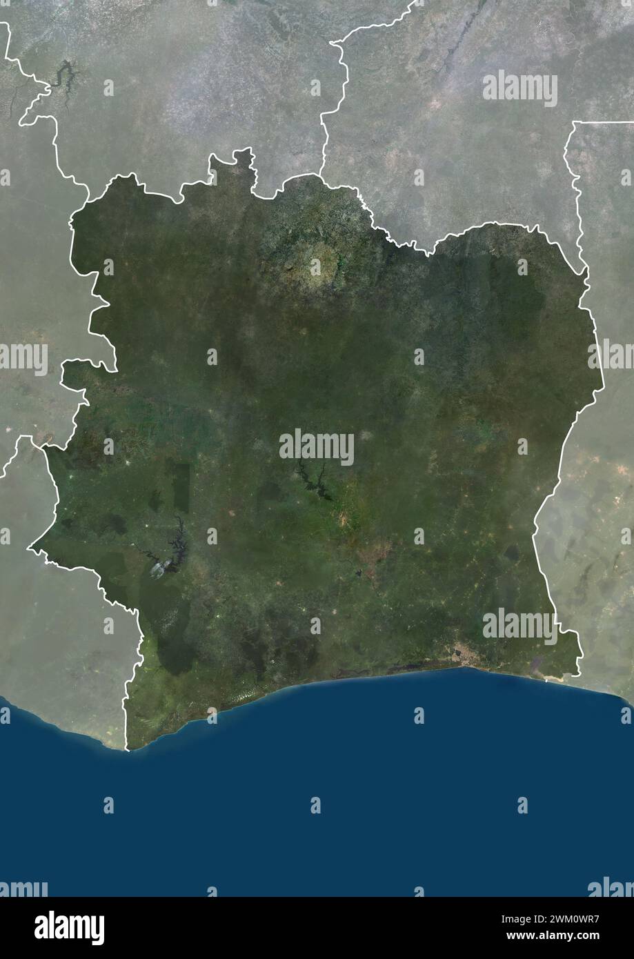 Color satellite image of Ivory Coast, with borders and mask Stock Photo ...