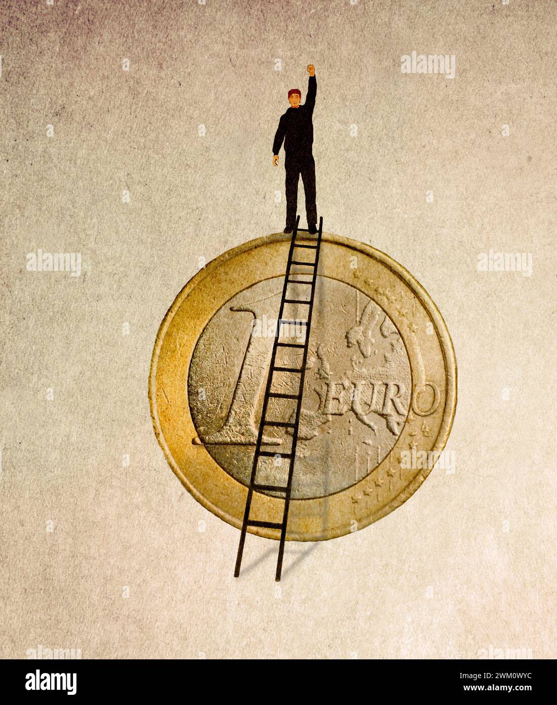 Man waving toward camera from top of oversized one Euro coin Stock ...