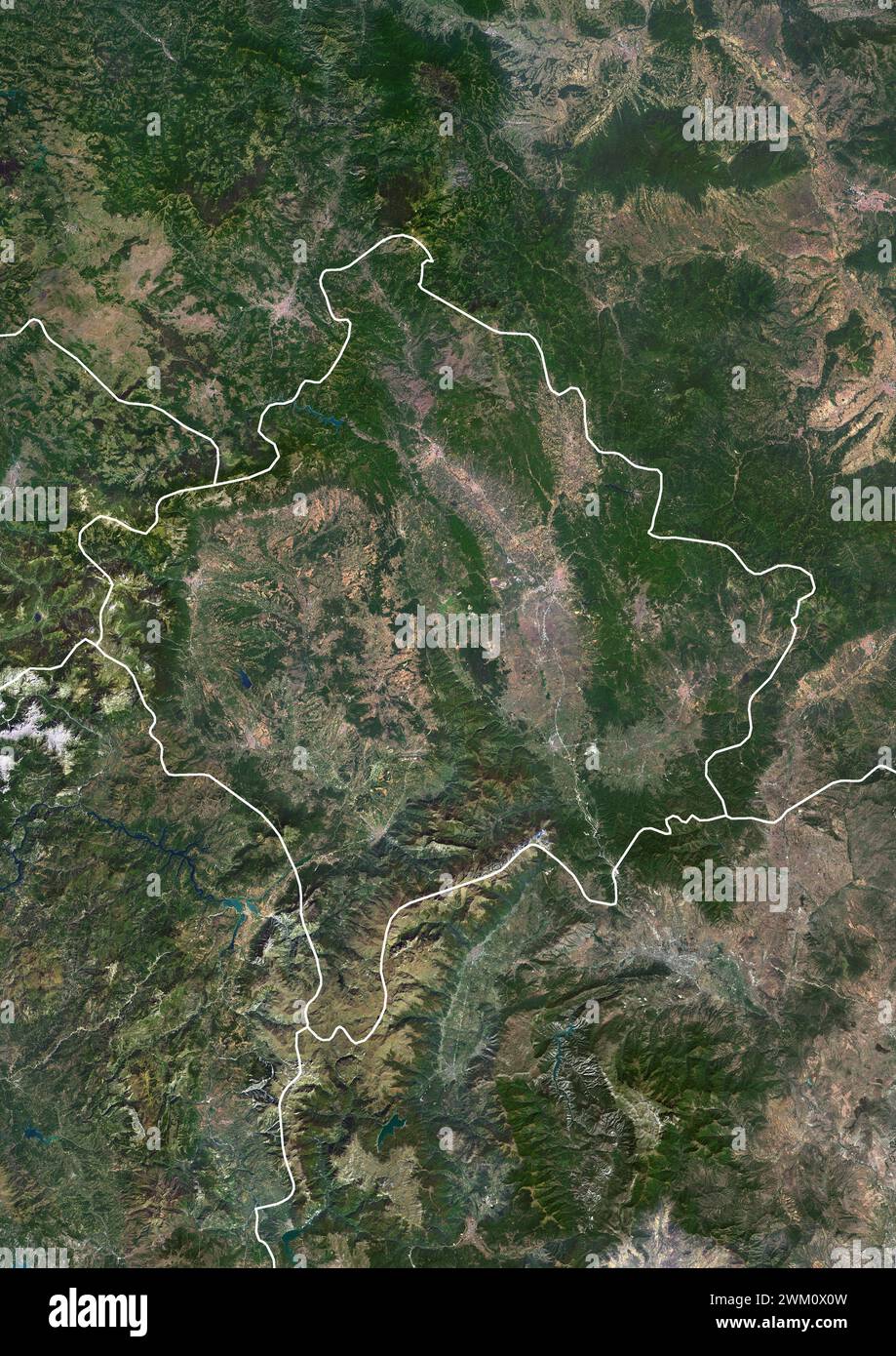 Color satellite image of Kosovo and neighbouring countries, with ...
