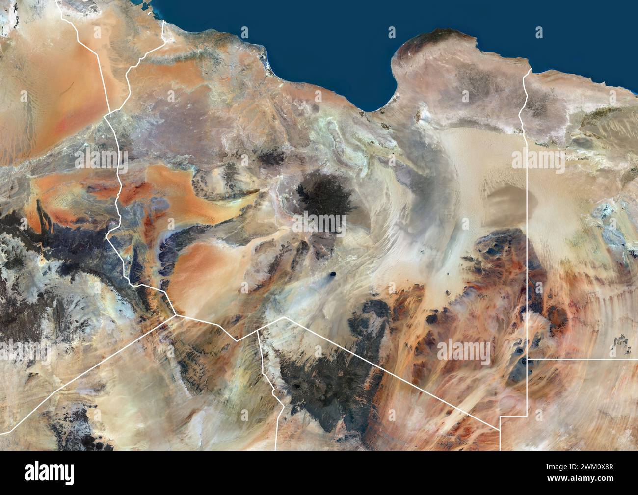 Color satellite image of Libya and neighbouring countries, with borders ...