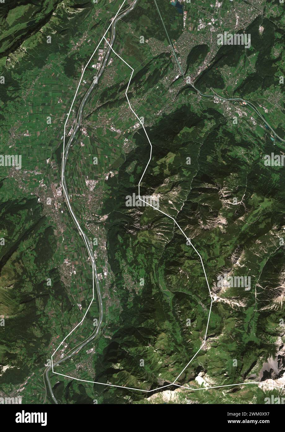 Color satellite image of Liechtenstein and neighbouring countries, with ...
