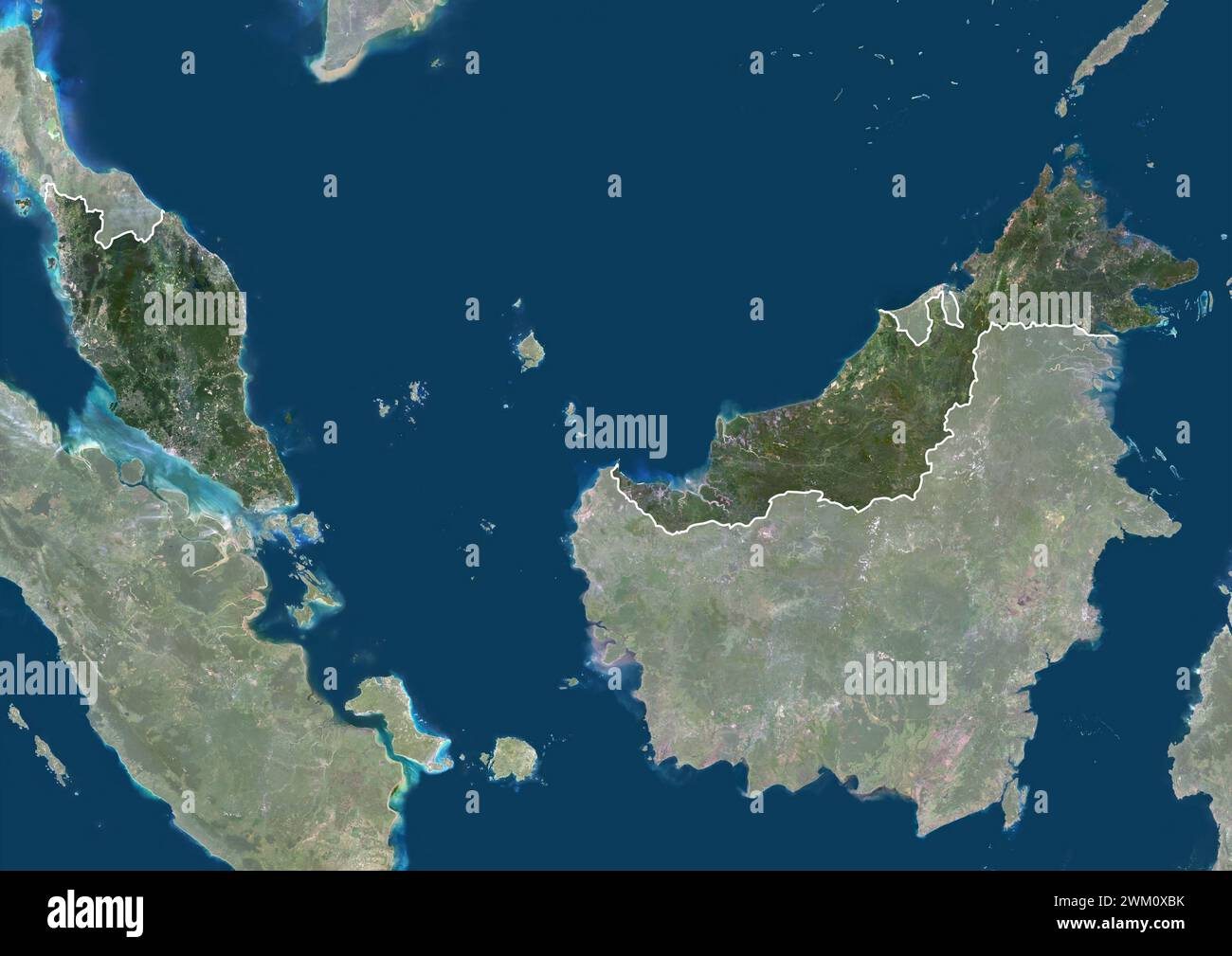 Color satellite image of Malaysia, with borders and mask Stock Photo ...