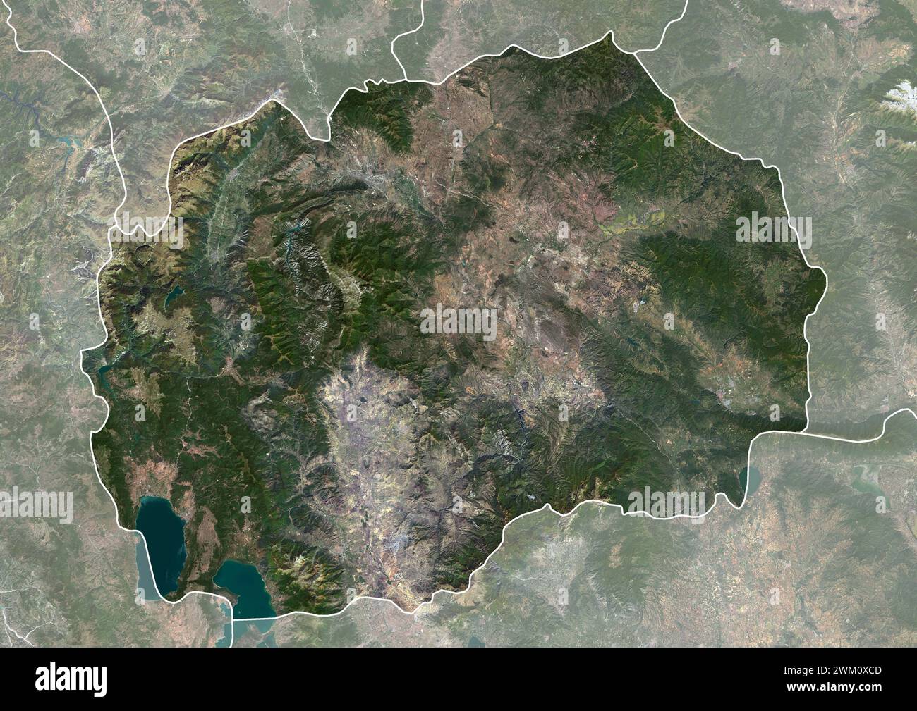 Color satellite image of North Macedonia, with borders and mask Stock ...