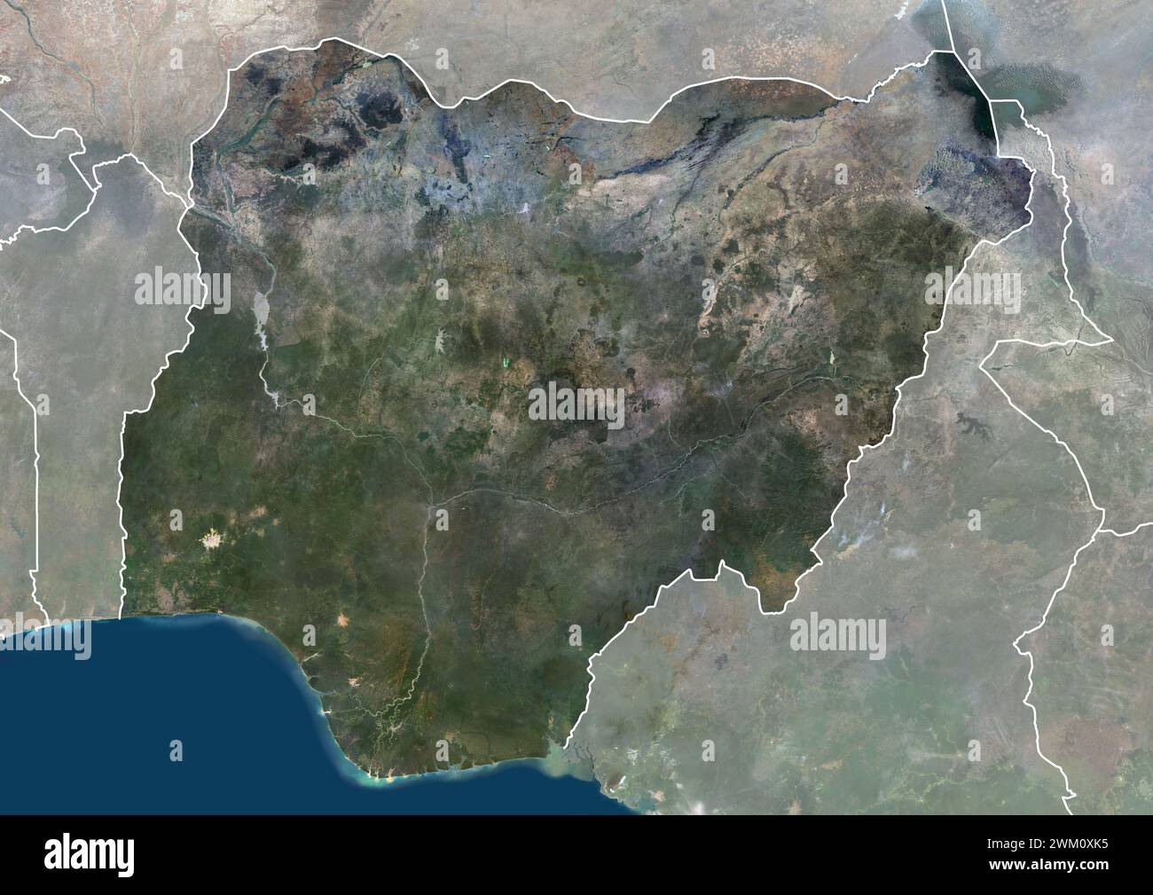 Color satellite image of Nigeria, with borders and mask Stock Photo - Alamy