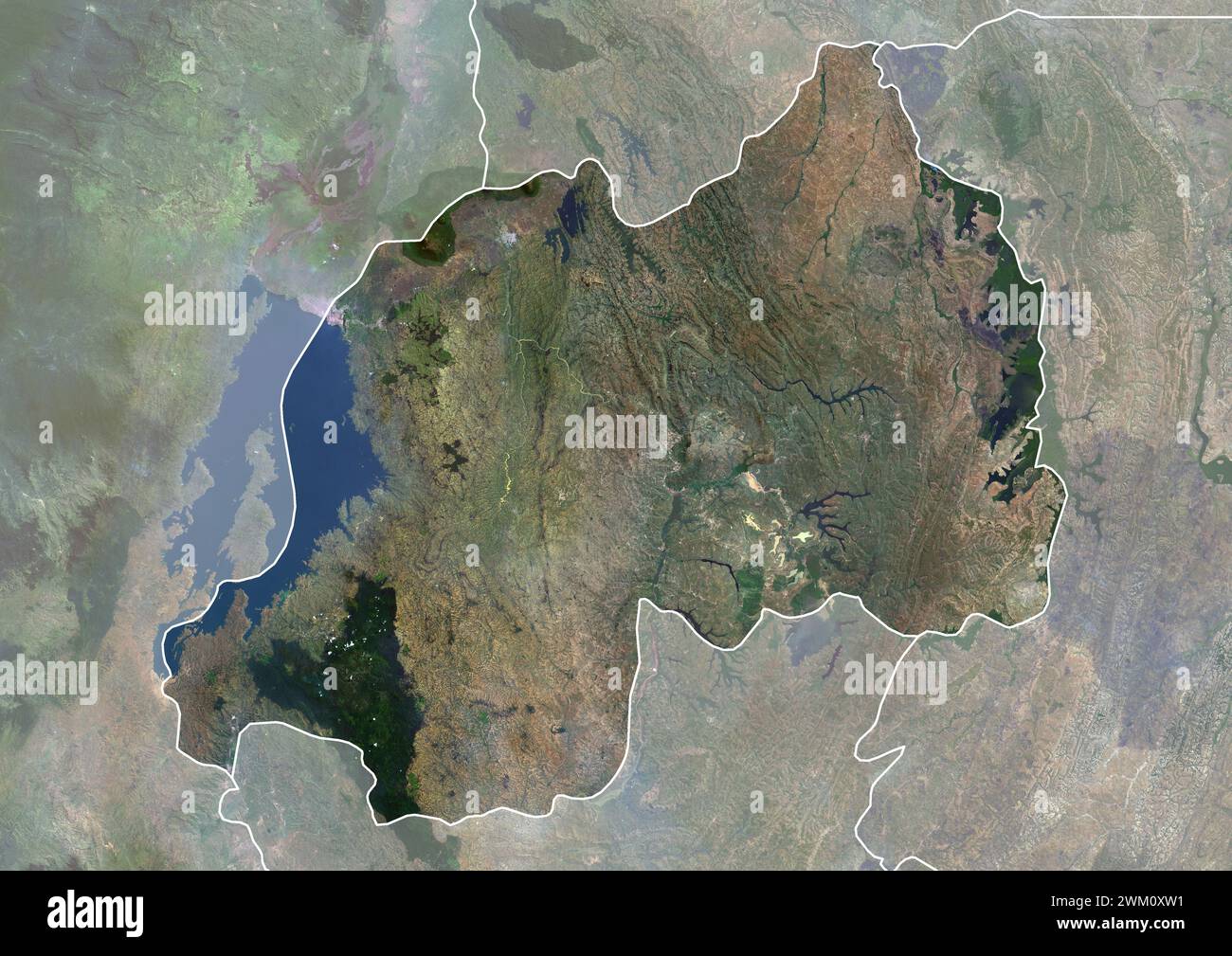 Color satellite image of Rwanda, with borders and mask Stock Photo - Alamy