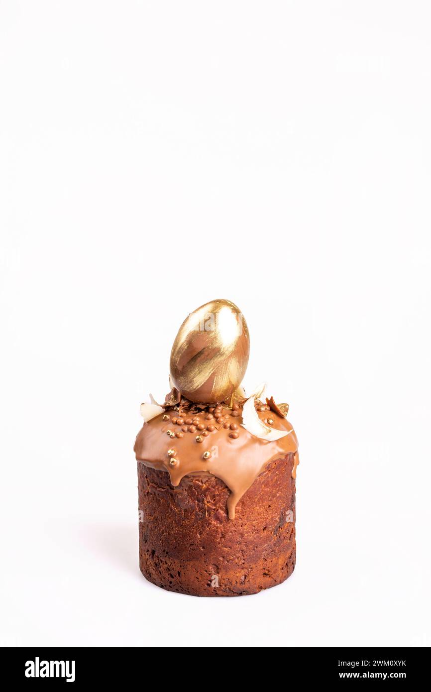 Chocolate cake with creamy icing, topped with gold foil egg on white ...