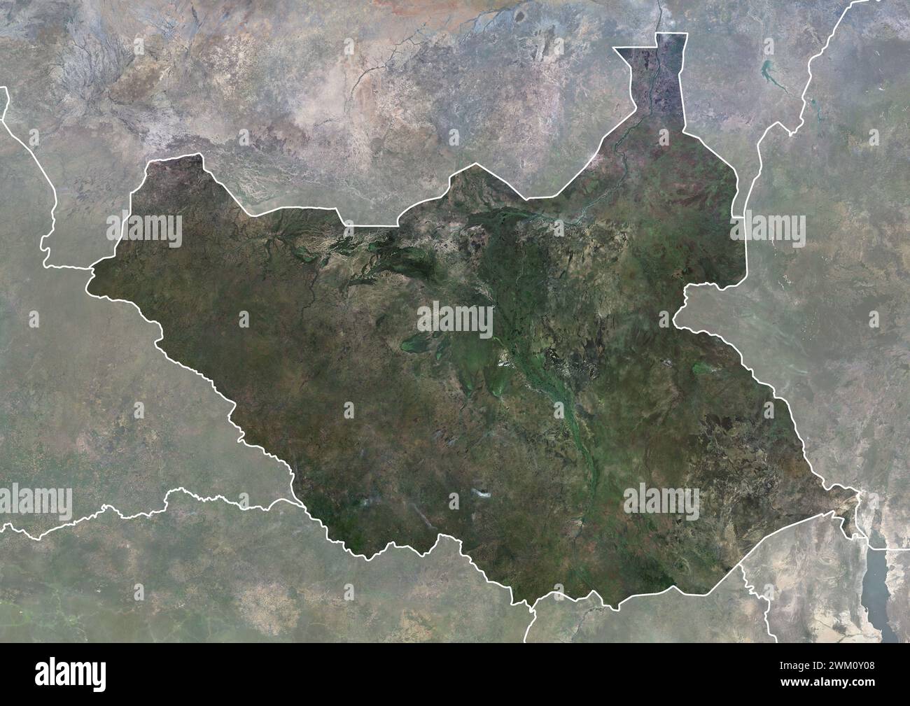 Color satellite image of South Sudan, with borders and mask Stock Photo - Alamy