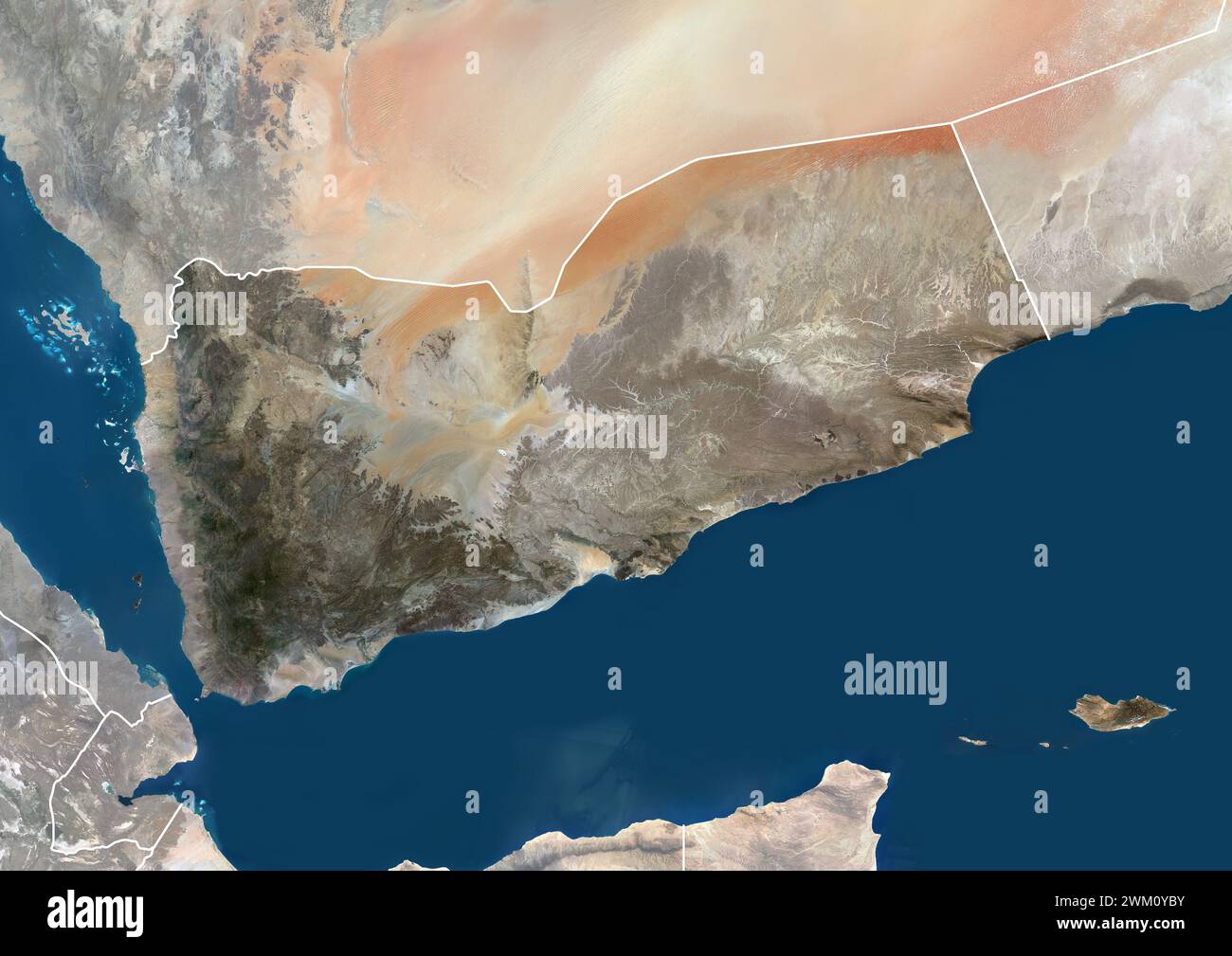Color satellite image of Yemen, with borders and mask Stock Photo - Alamy