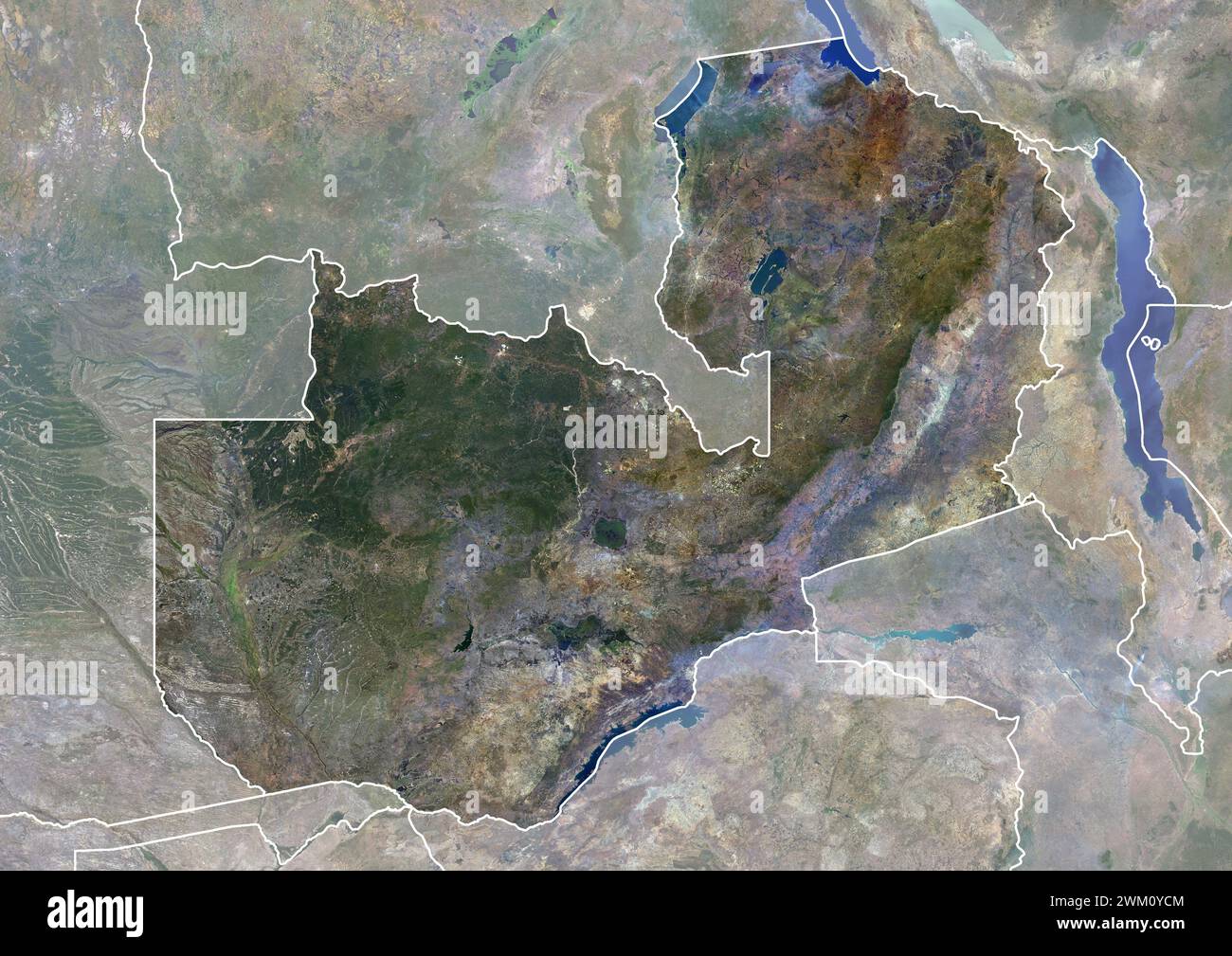 Color satellite image of Zambia and neighbouring countries, with ...