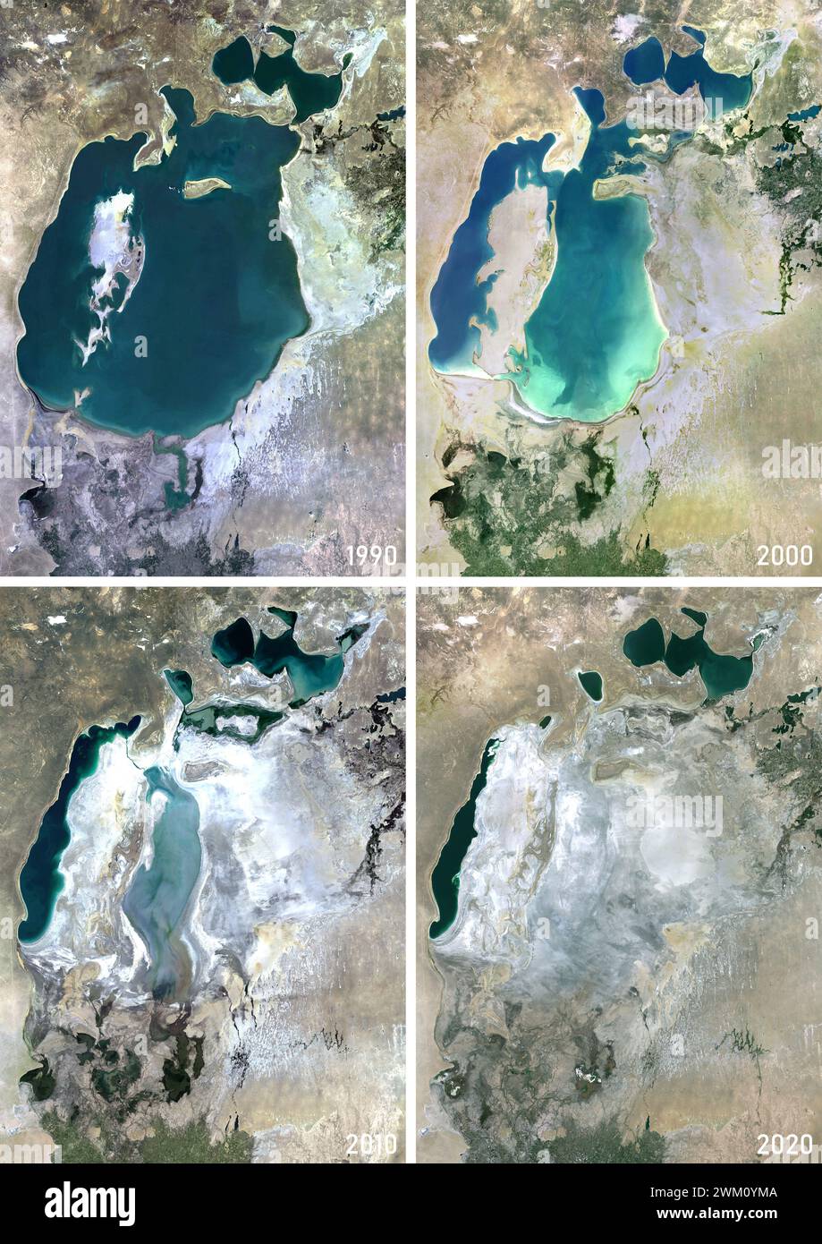 Color satellite image of the shrinking of the Aral Sea in 1990, 2000 ...