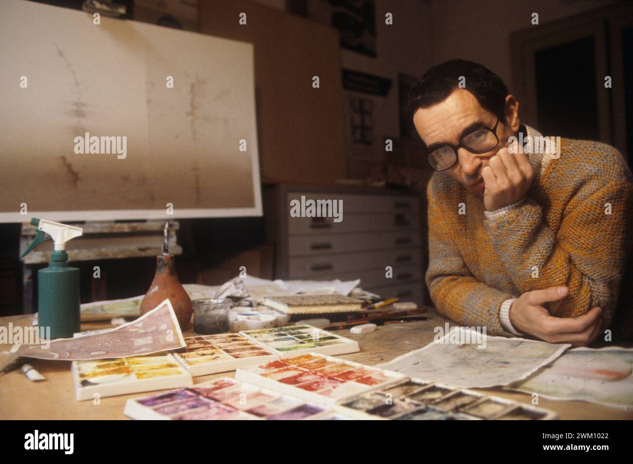 3823437 Tullio Pericoli in his Studio; (add.info.: Milan, 1980. Italian ...