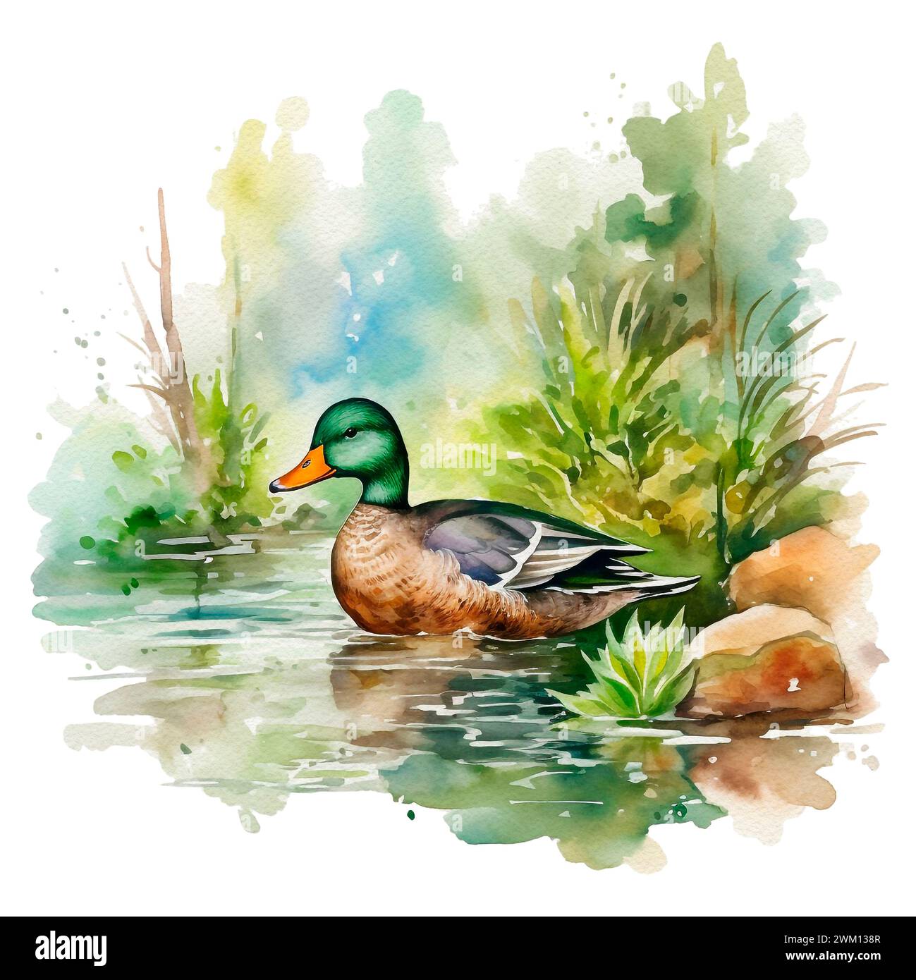 Watercolor duck and plants of lake. Hand drawn illustration Isolated on ...