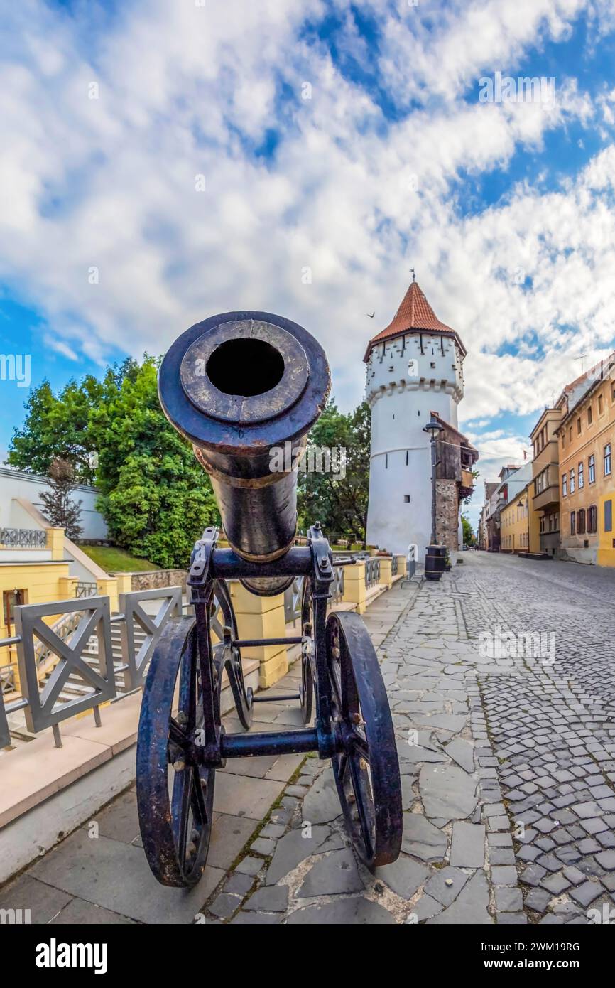 SIBIU, TRANSYLVANIA, ROMANIA - JULY 8, 2020: Decorative medieval cannon ...