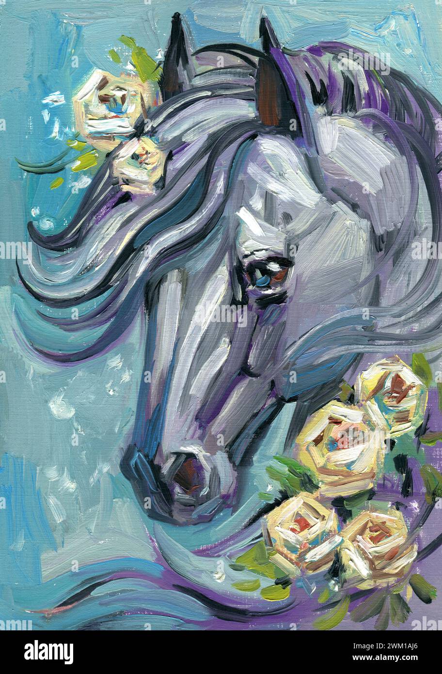 Horse with flowers oil painting art. White roses, leaves. Animal prints ...