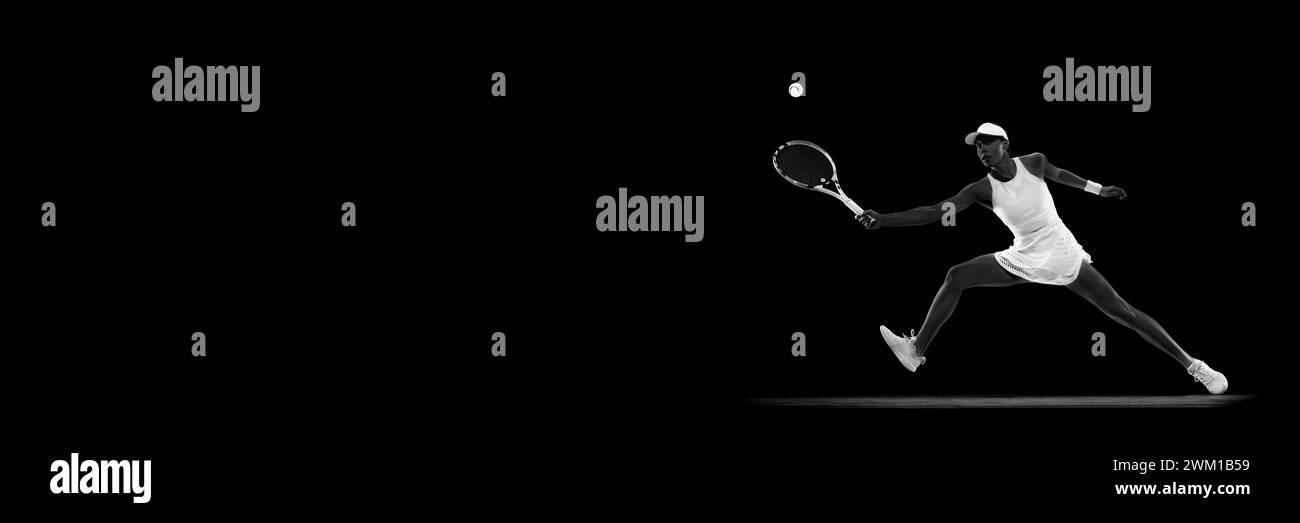 Banner. Tennis player jumping to hit overhead shot in motion against ...