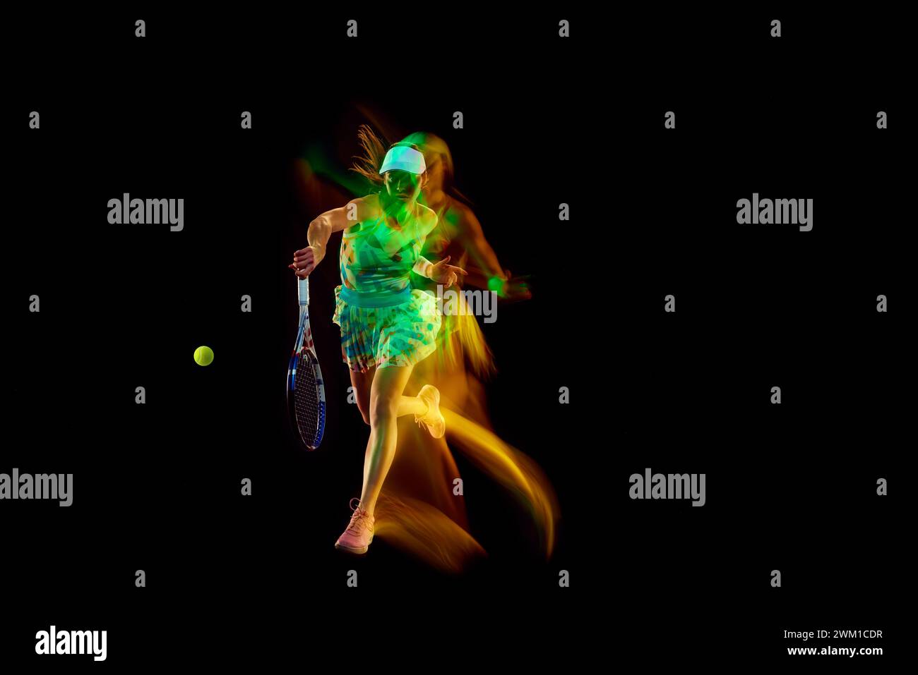 Colorful, energetic photo of athletic woman playing tennis with a ...
