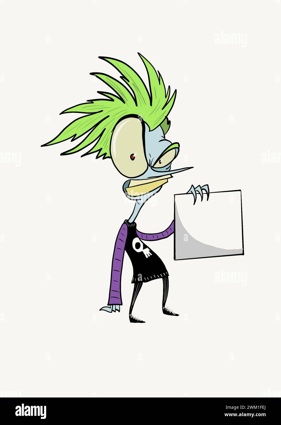 weird looking punk cartoon character holding up a sign Stock Photo - Alamy