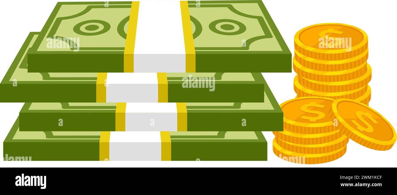 vector dollar bills packs and coins. dollar piles and golden coins ...
