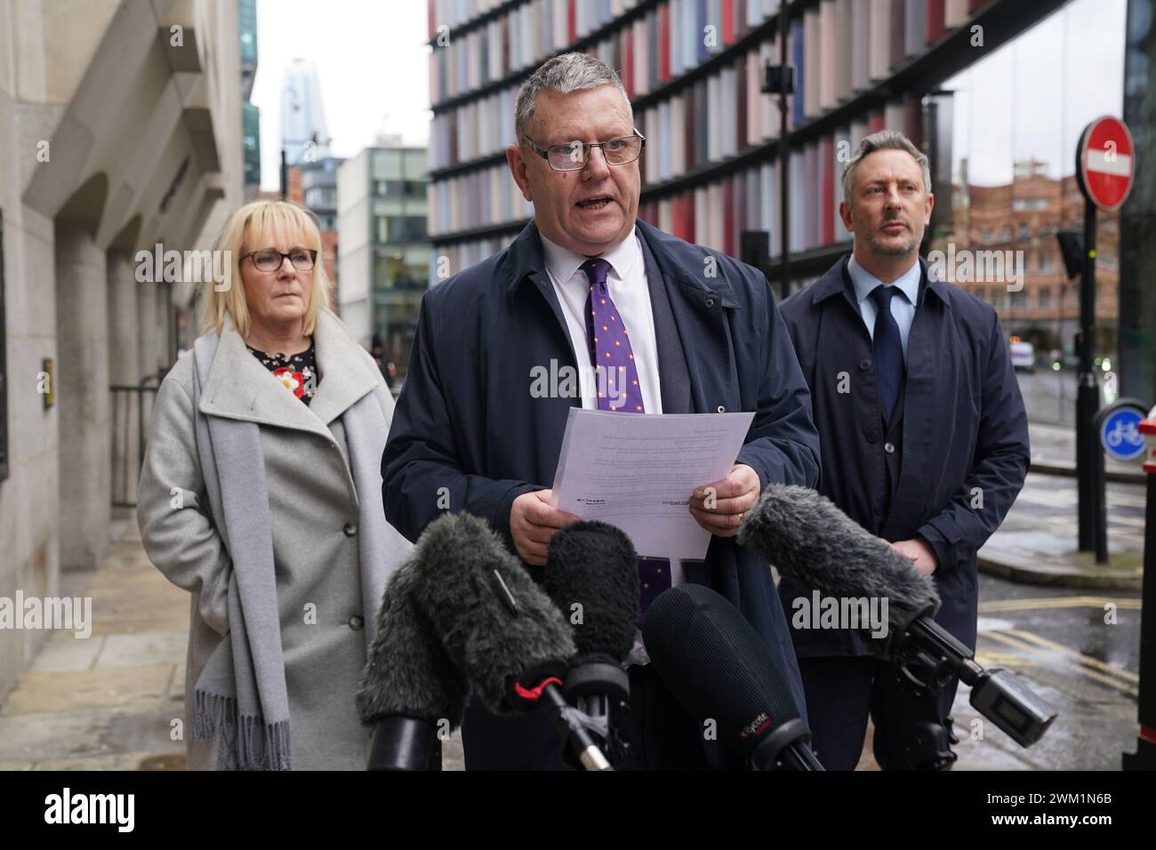 Gary Furlong, the father of victim James Furlong, reads a statement to the media outside the Old ...