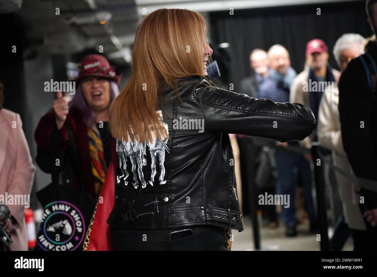 A fans leather jacket signed by Rod Stewart during a signing session ...