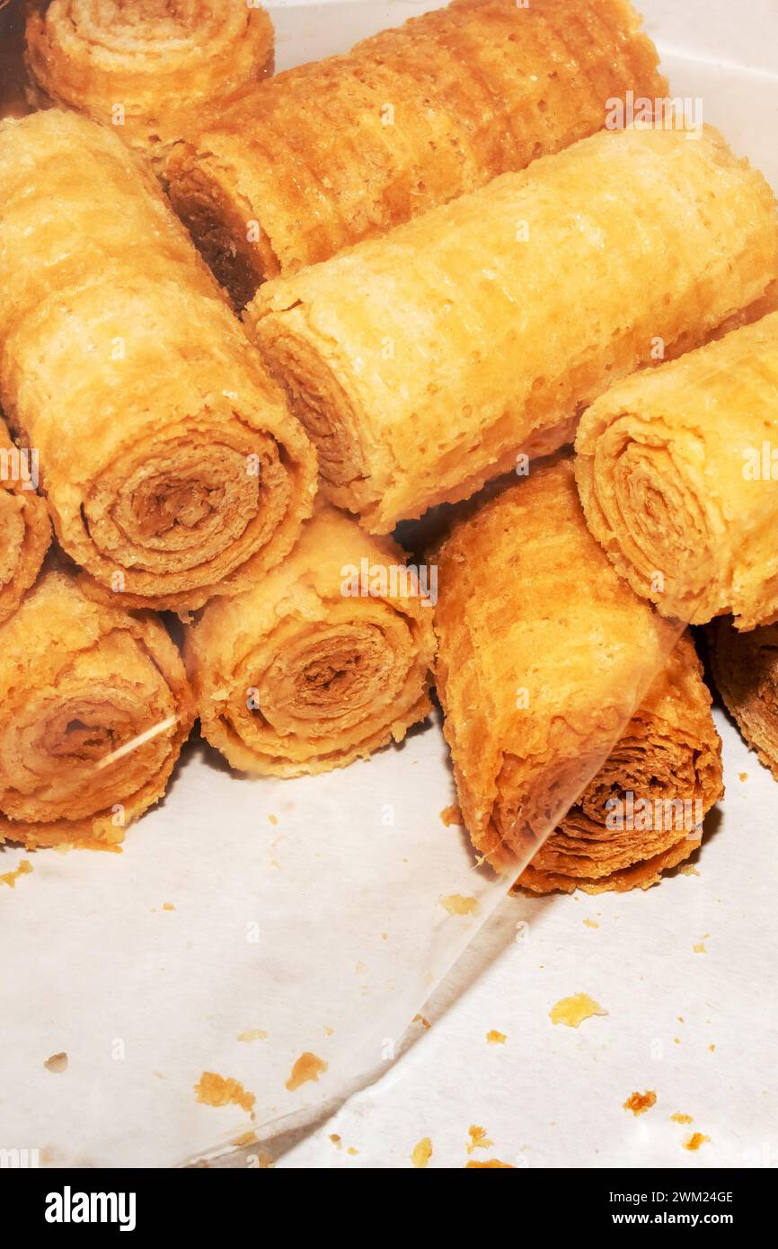 Waffle rolled biscuits in cartboard box close up Stock Photo - Alamy