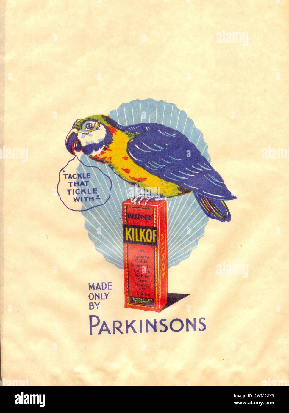 Paper bag advertising Parkinsons' Kilkof for coughs,colds etc circa ...