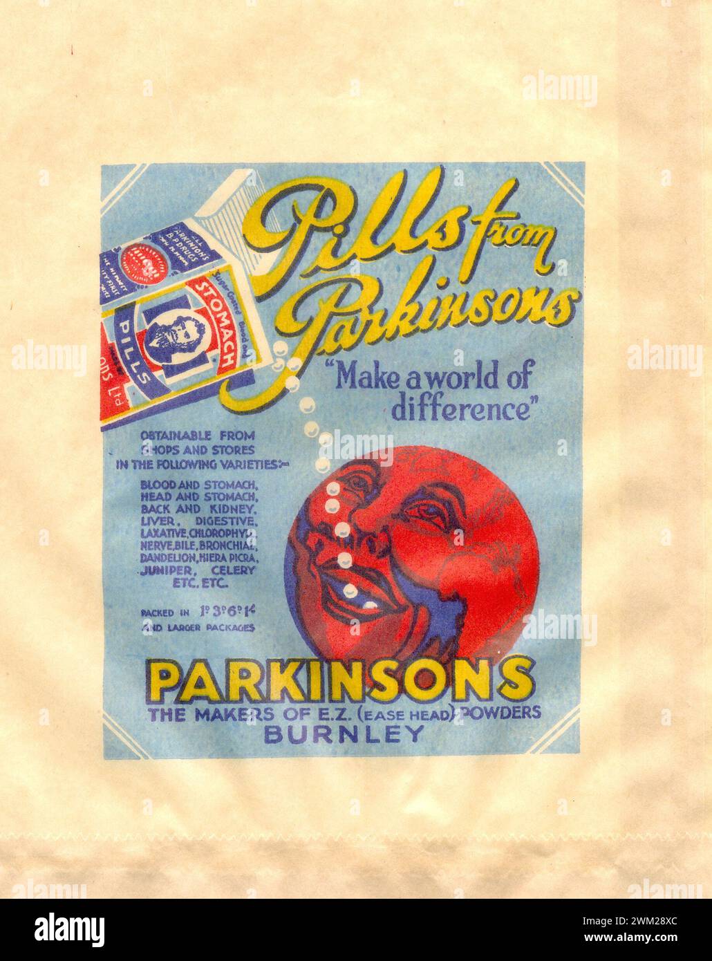 Verso of paper bag advertising Parkinsons' Kilkof circa 1935 Stock ...