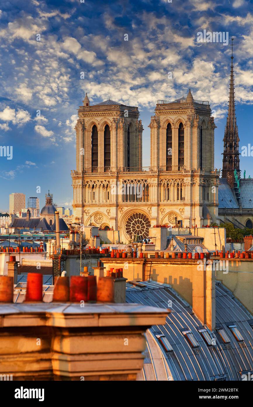 Parisian rooftops and chimneys. Notre Dame Cathedral. Paris. France ...