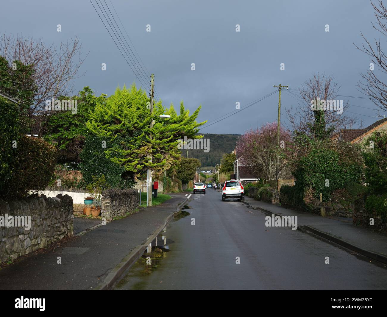 February 2024 - Barrows road on a wet day in Cheddar, Somerset, England ...