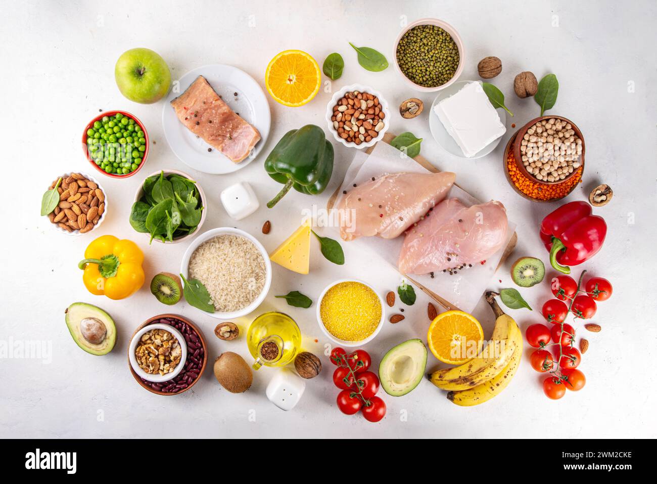 Clean Eating Diet foods background, fruits, vegetables, lean proteins ...