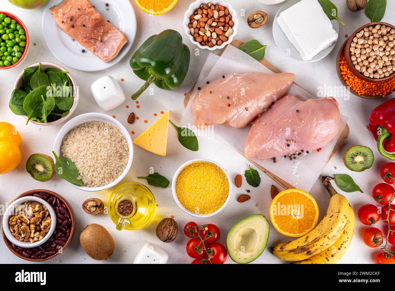 Clean Eating Diet foods background, fruits, vegetables, lean proteins ...