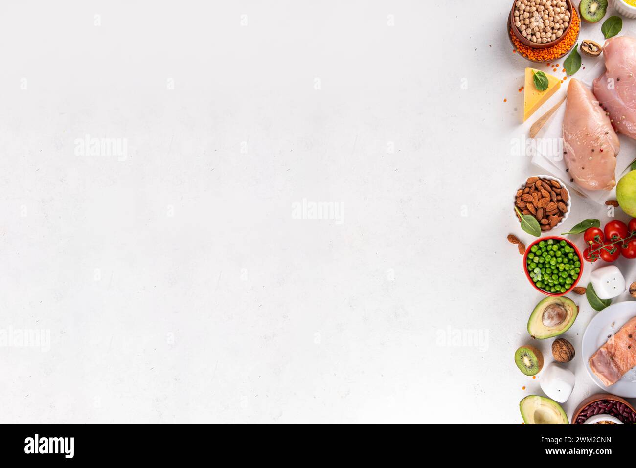 Clean Eating Diet foods background, fruits, vegetables, lean proteins ...