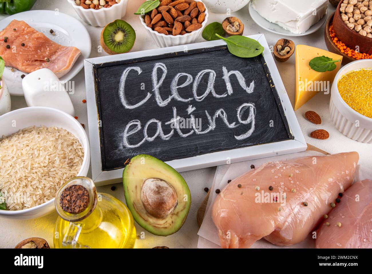 Clean Eating Diet foods background, fruits, vegetables, lean proteins ...