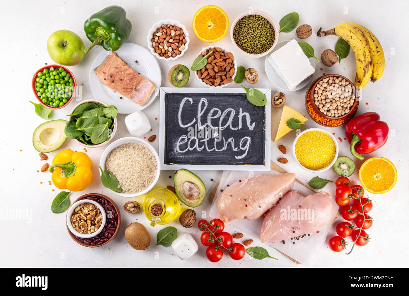 Clean Eating Diet foods background, fruits, vegetables, lean proteins ...