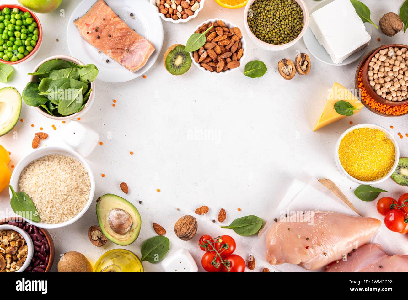 Clean Eating Diet foods background, fruits, vegetables, lean proteins ...