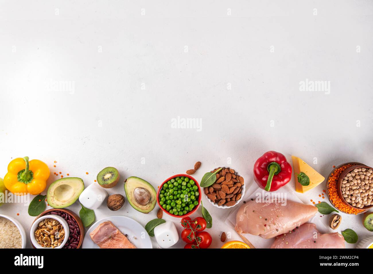 Clean Eating Diet foods background, fruits, vegetables, lean proteins ...