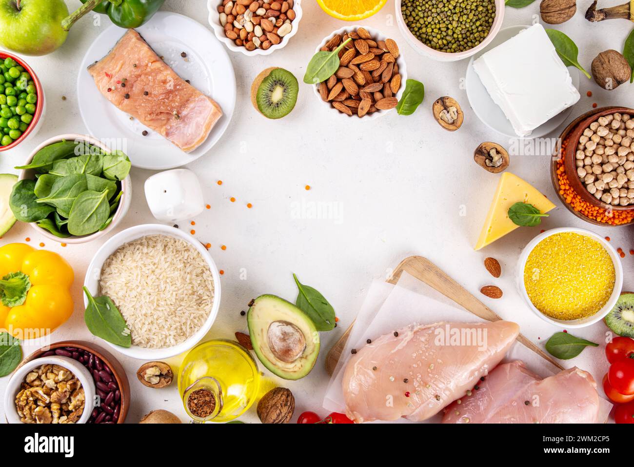 Clean Eating Diet foods background, fruits, vegetables, lean proteins ...