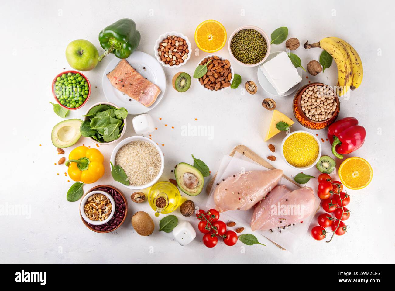 Clean Eating Diet foods background, fruits, vegetables, lean proteins ...