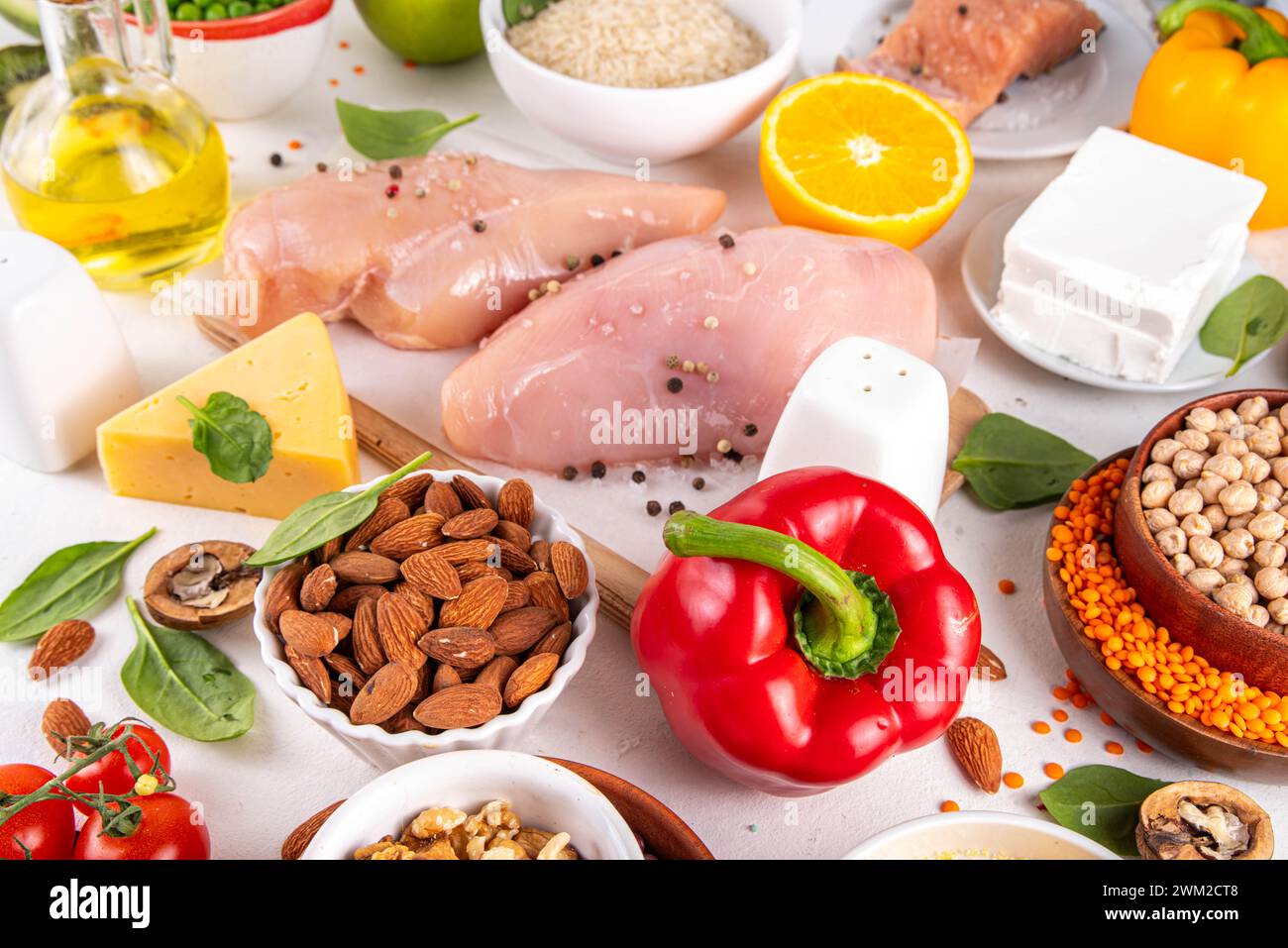 Clean Eating Diet foods background, fruits, vegetables, lean proteins ...