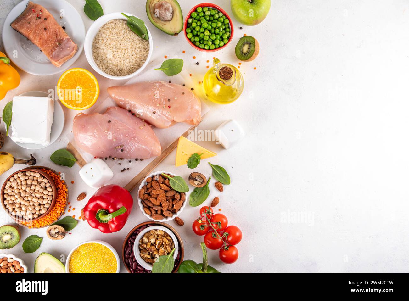 Clean Eating Diet foods background, fruits, vegetables, lean proteins ...